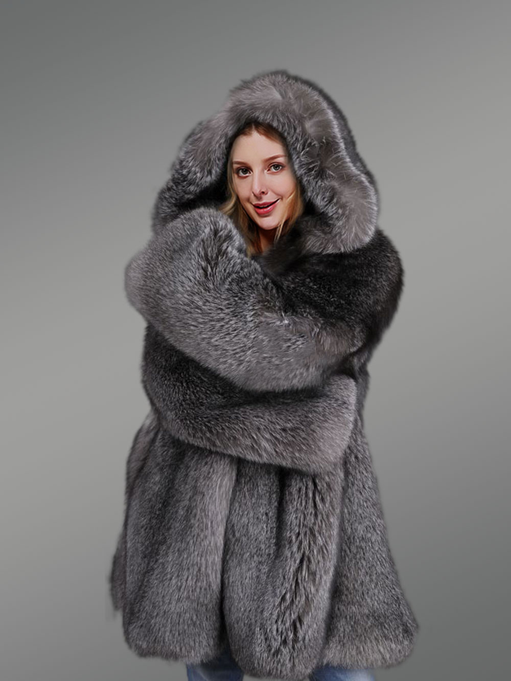 Slate Grey Fur Coat For Women