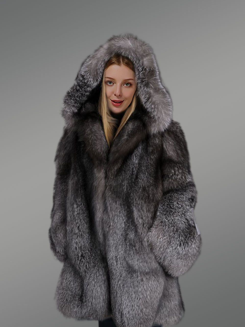 Slate Grey Fur Coat For Women