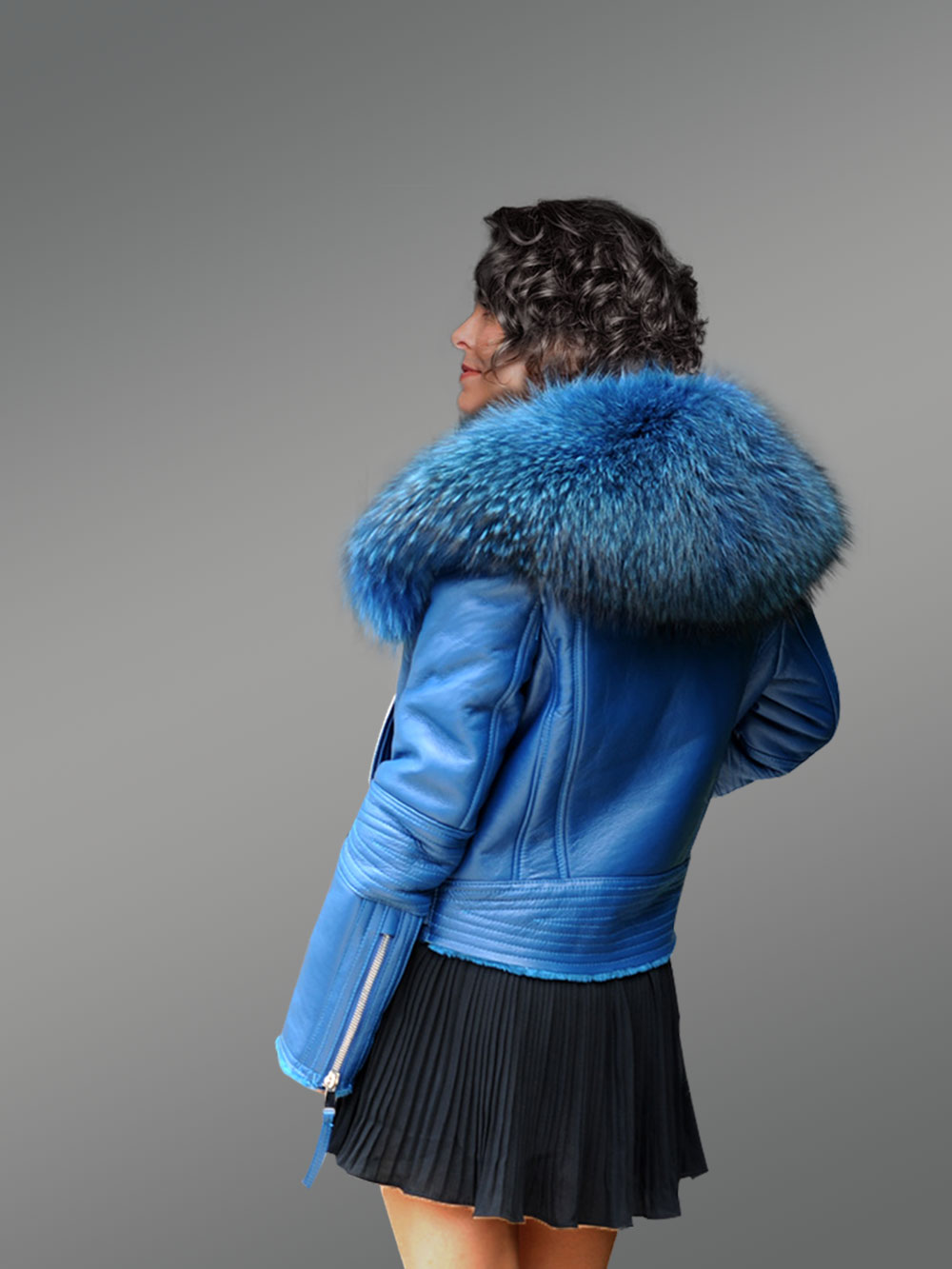 Teal Real leather Jacket with Raccoon fur collar for Women