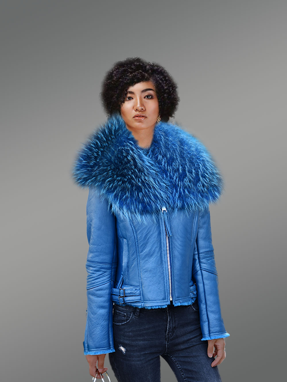 Teal Real leather Jacket with Raccoon fur collar for Women