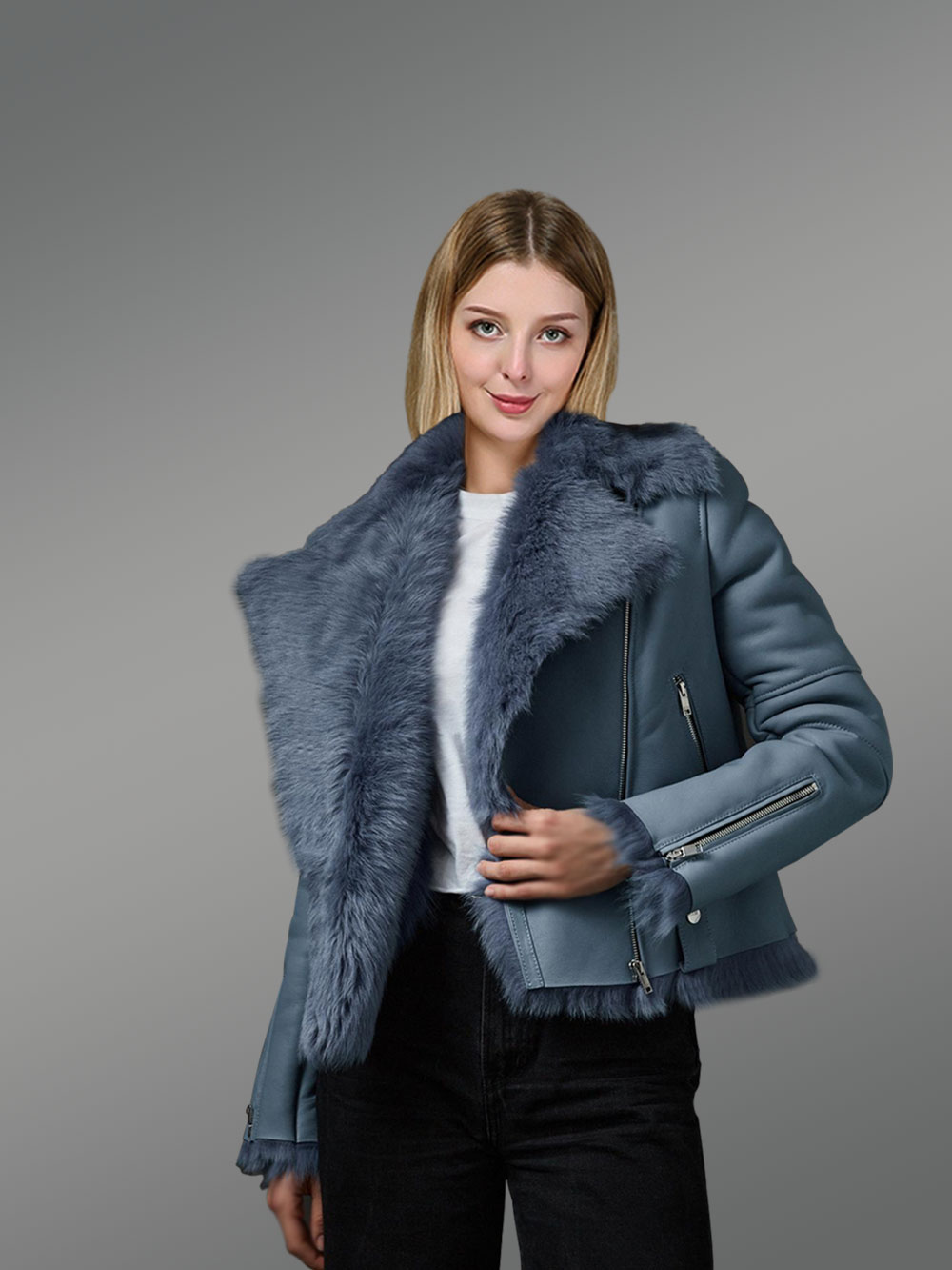Blue Toscana Shearling Jacket For Women