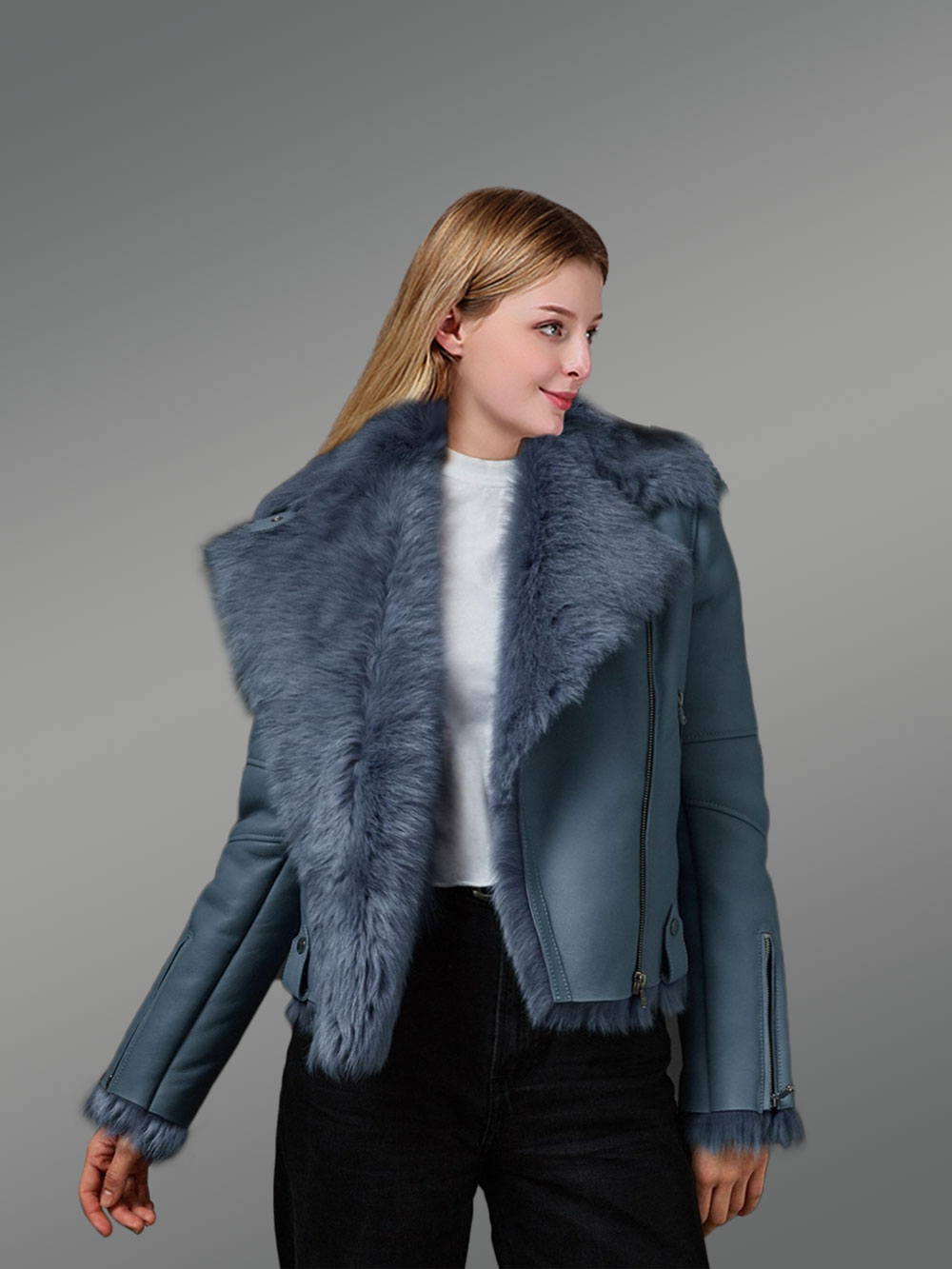 Blue Toscana Shearling Jacket For Women