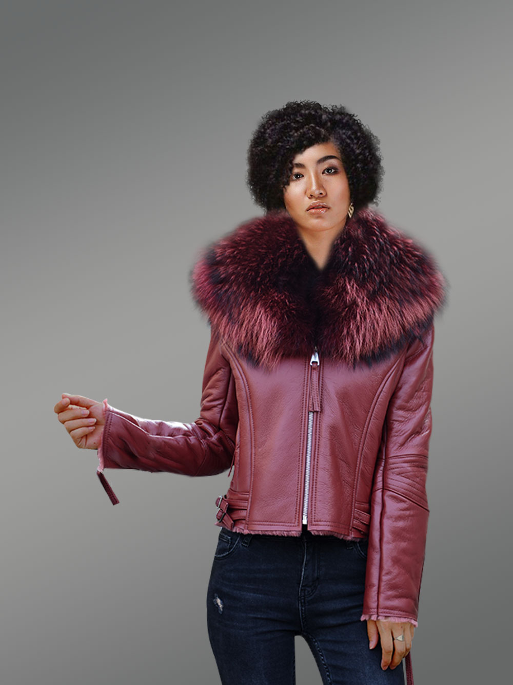 Wine Real leather Jacket with Raccoon fur collar for Women