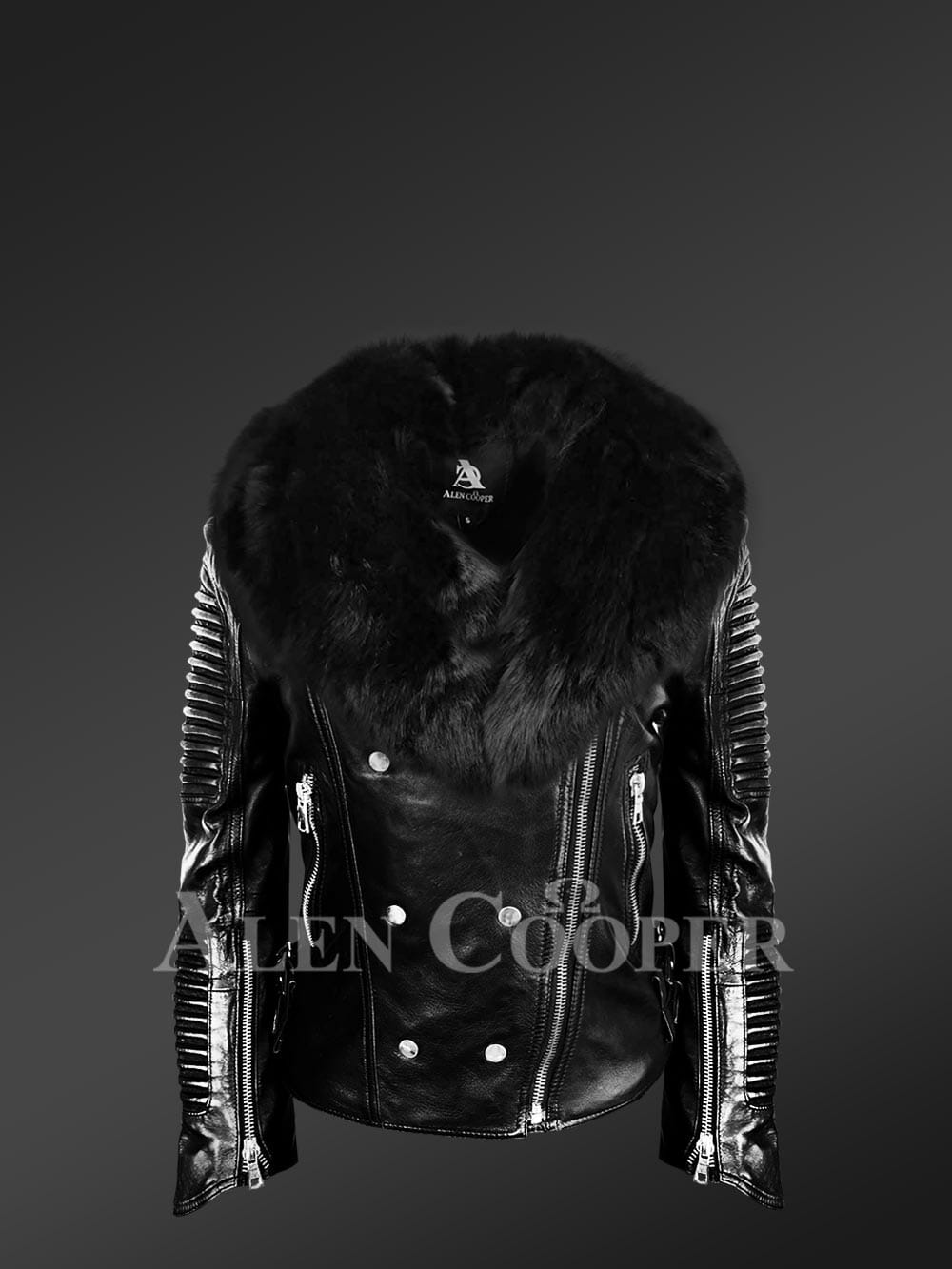 Women's Motorcycle Biker Jacket with Detachable Fox Fur Collar And ...