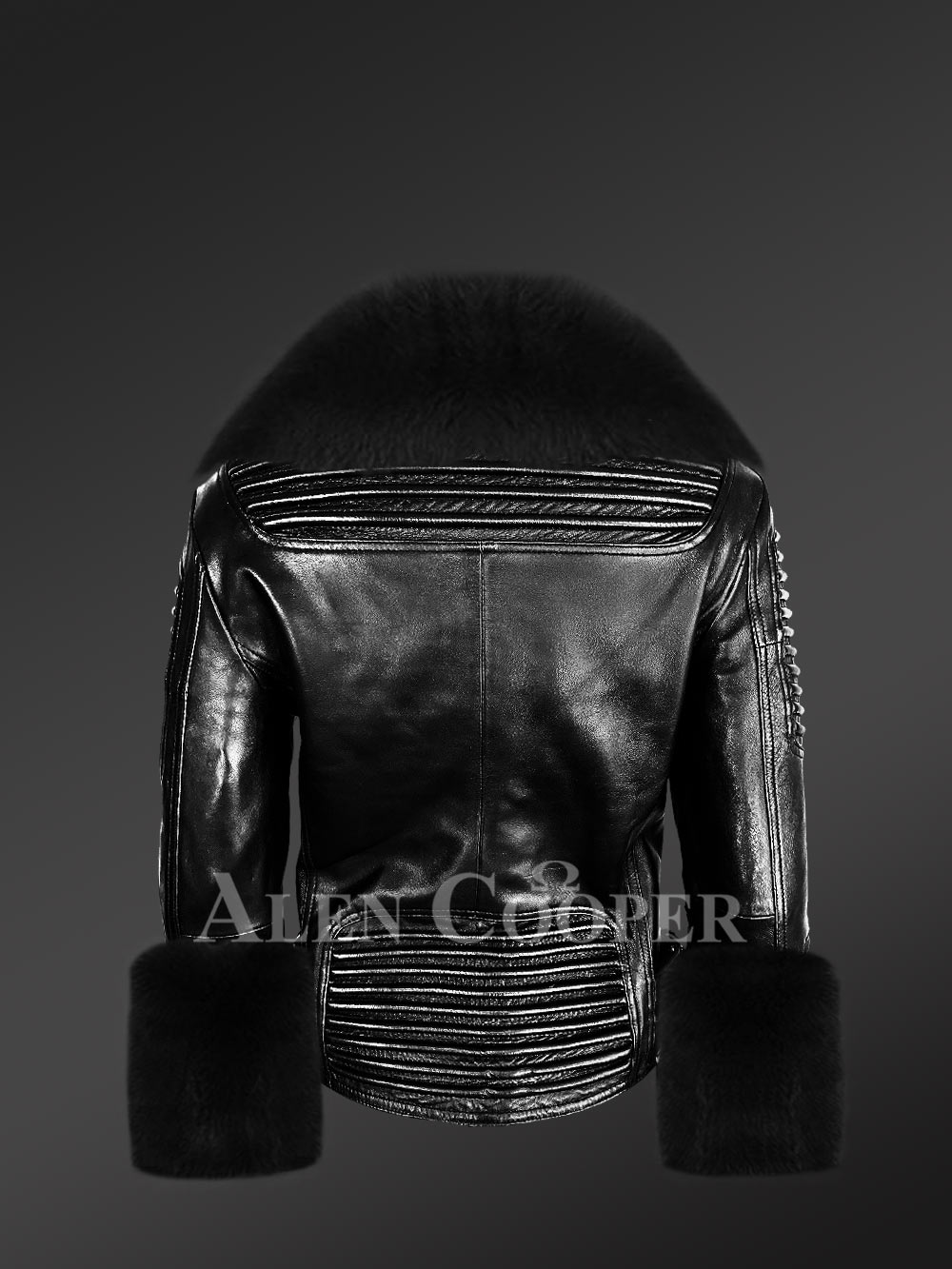 Leather Biker Jacket With Fox Fur Collar And Cuffs For Women