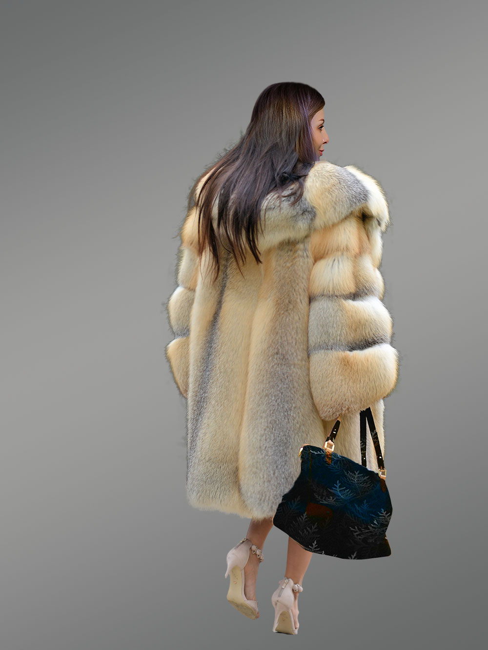 Fox Fur Long Coat With Hood For Elegance & Comfort