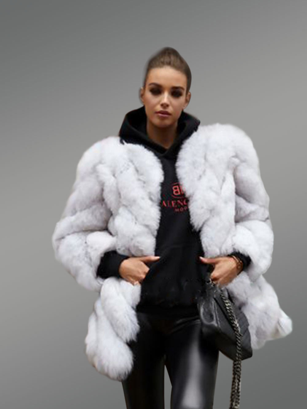 Brown Grey oversized fur mid-length coat for women