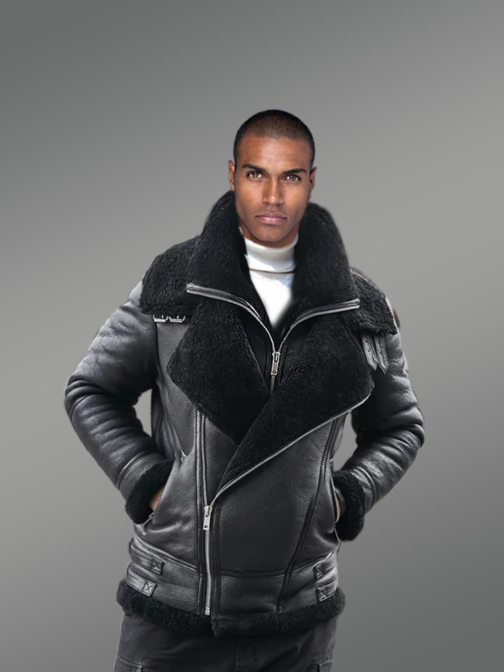 Sheepskin Shearling Jacket for Men in Black