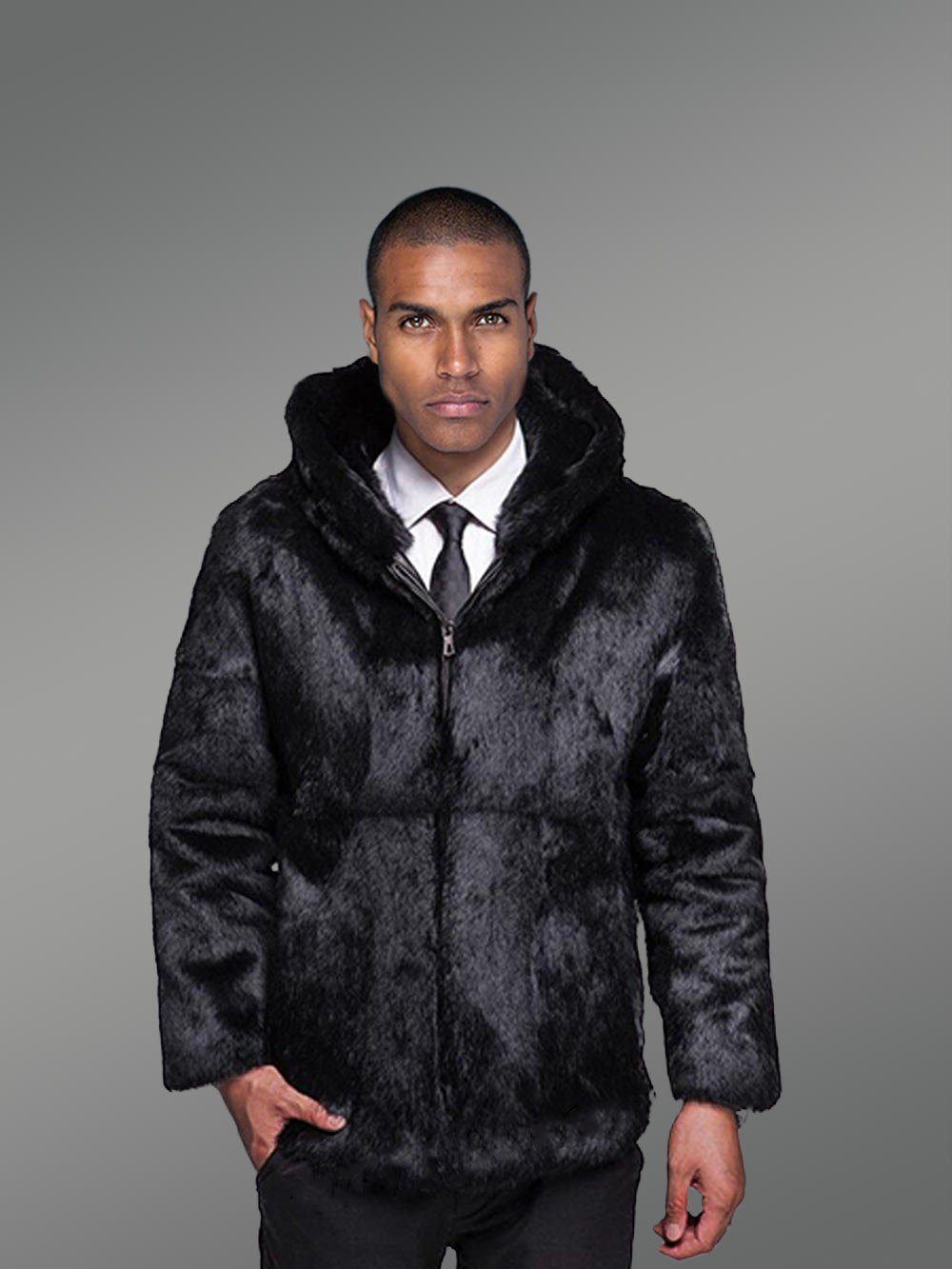Men’s Authentic Rabbit Fur Coat in Black