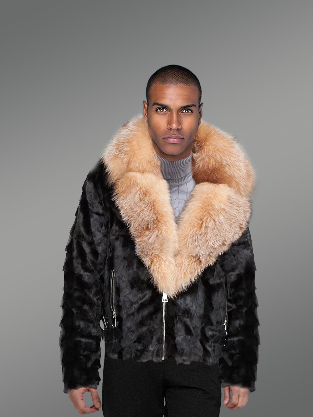Men’s soft and warm black mink fur short winter jacket with comfy fox ...