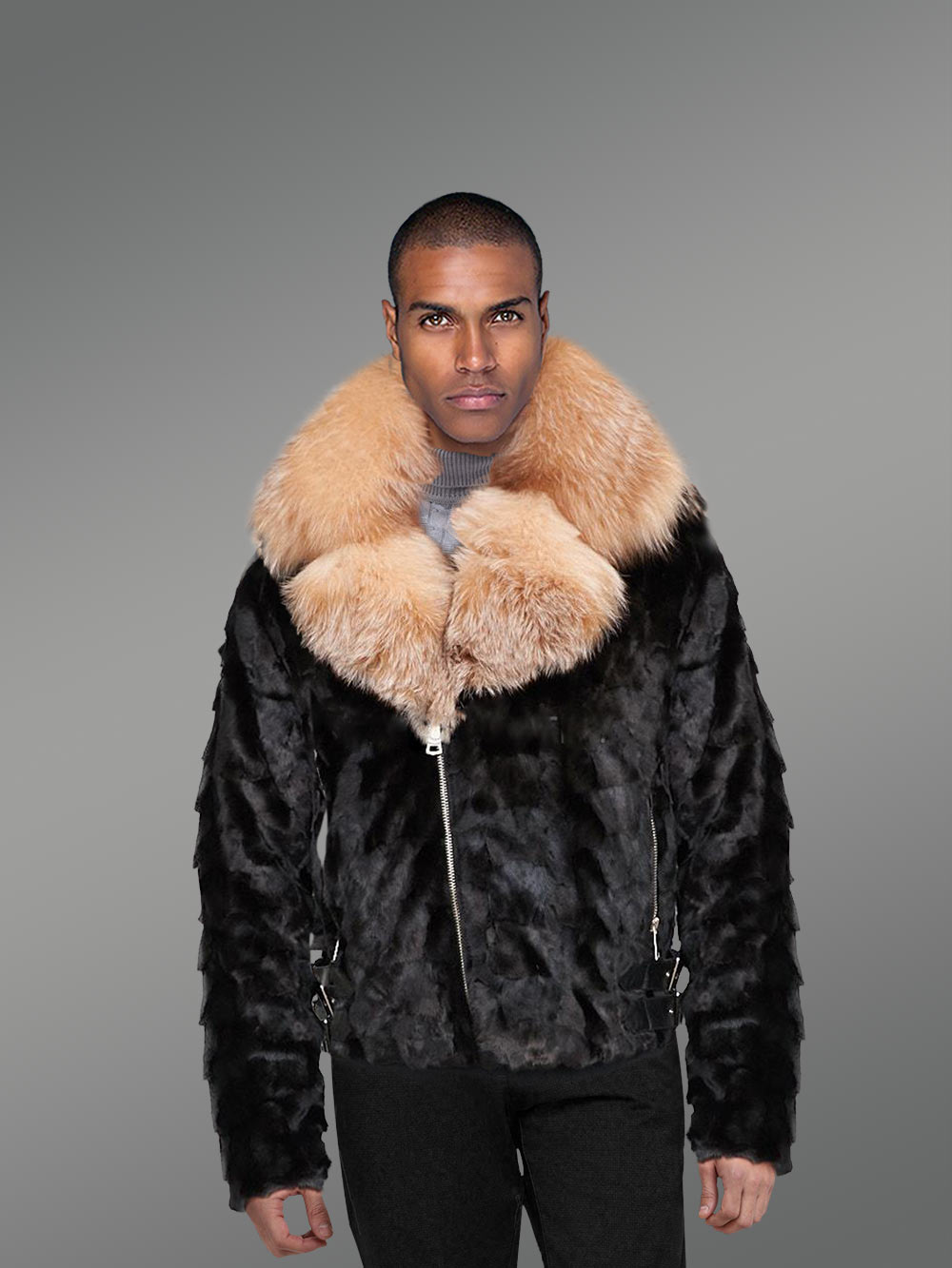 Black Mink Jacket in Fox Fur Collar and Hood