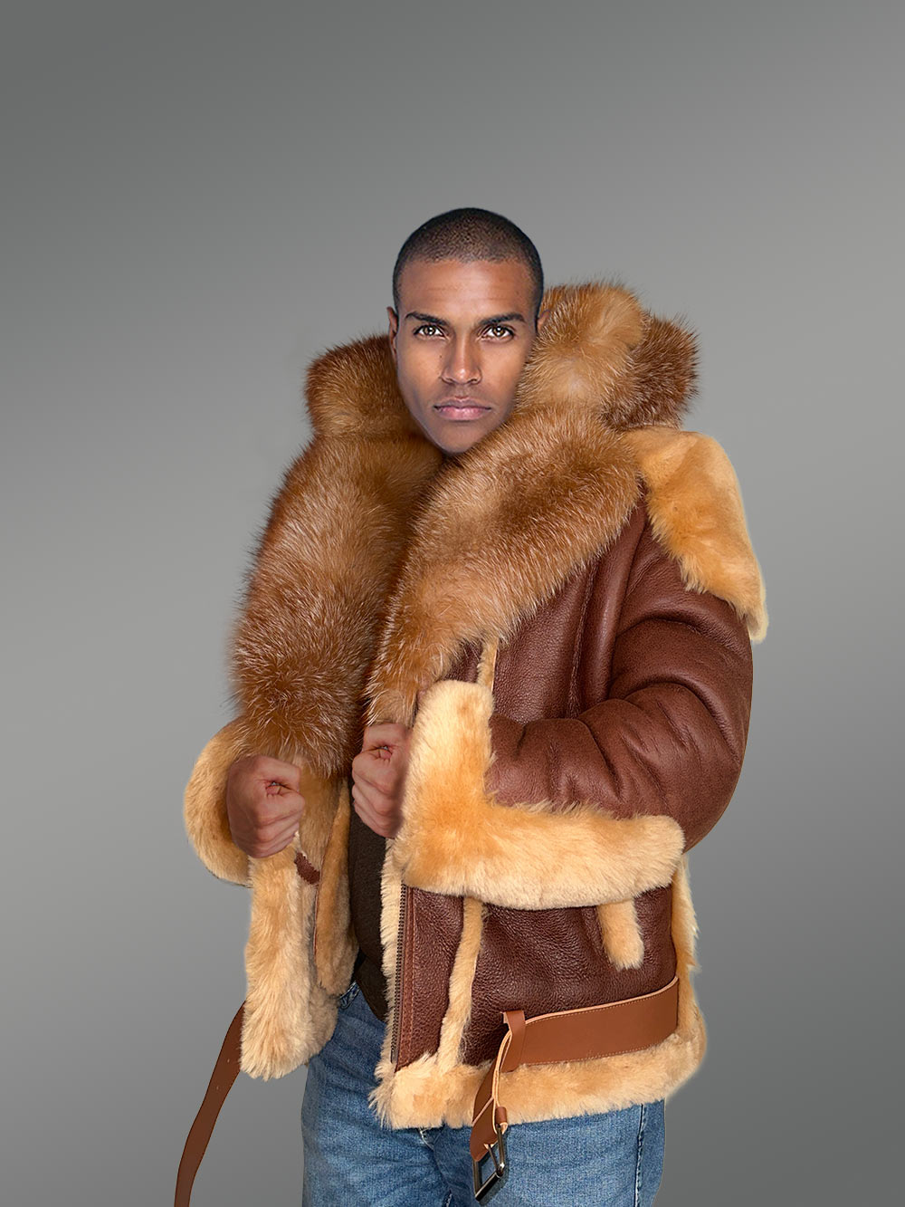 Attractive Shearling Jacket with Detachable Fox Fur Hood