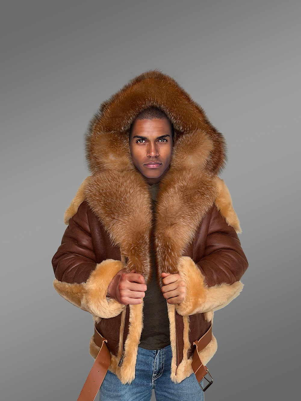 Attractive Shearling Jacket with Detachable Fox Fur Hood