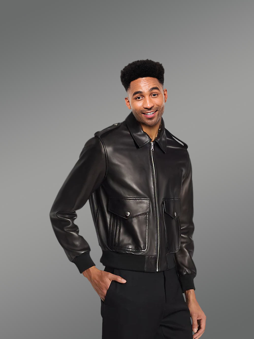 Original Leather Bomber Jacket In Pilot Style with Long Sleeves