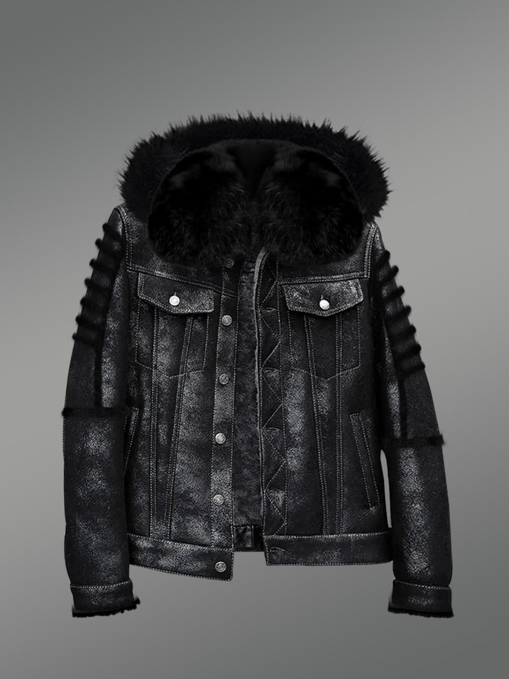 Mens Shearling Black Jacket With Fox Fur Hood and Collar