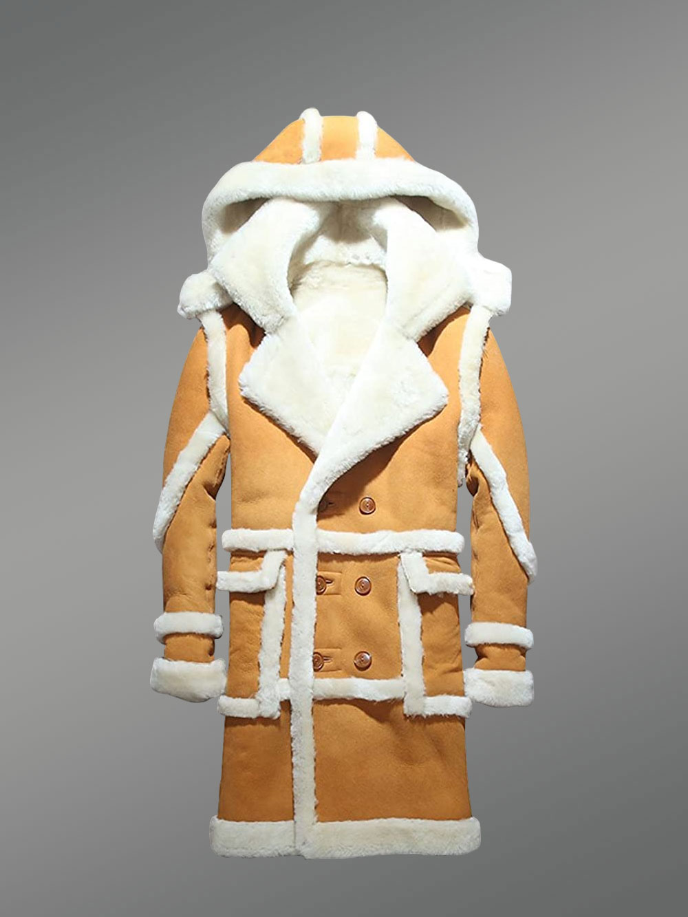 Long Shearling Coat Men with Detachable Hood and Back Slit