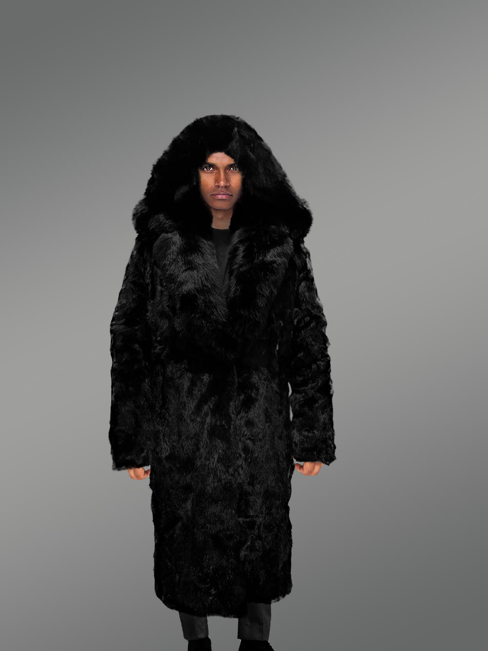 Black Authentic Rabbit Fur Coat with a Hood