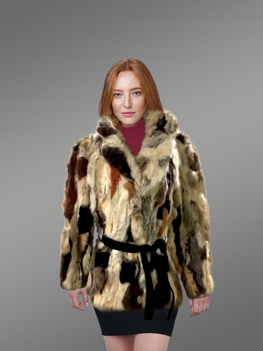 Multi Color Rabbit Coat with Tie Belt