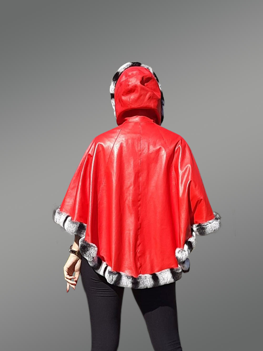 Leather Cape with Chincilla Finish Trim in Red