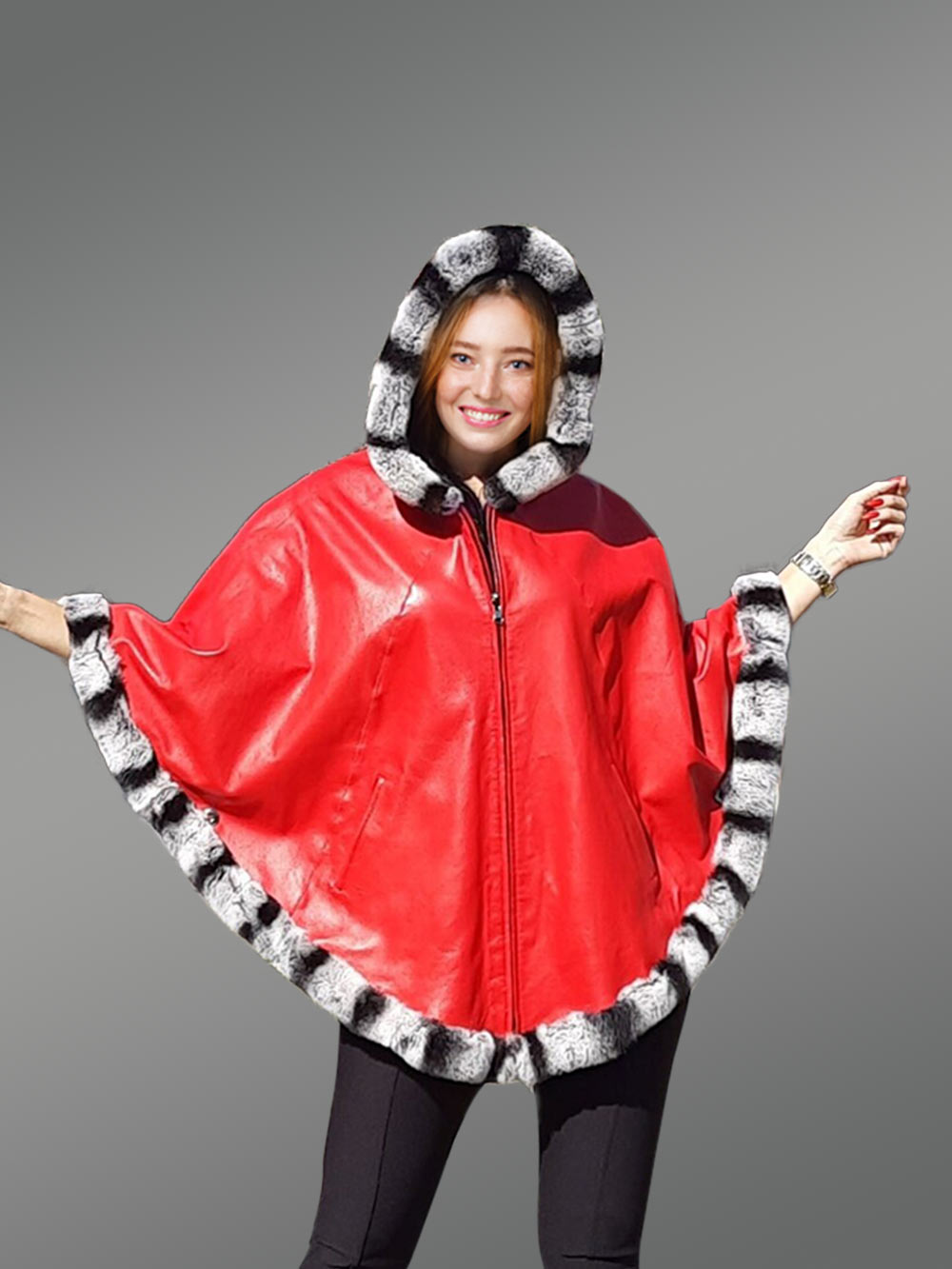 Leather Cape with Chincilla Finish Trim in Red