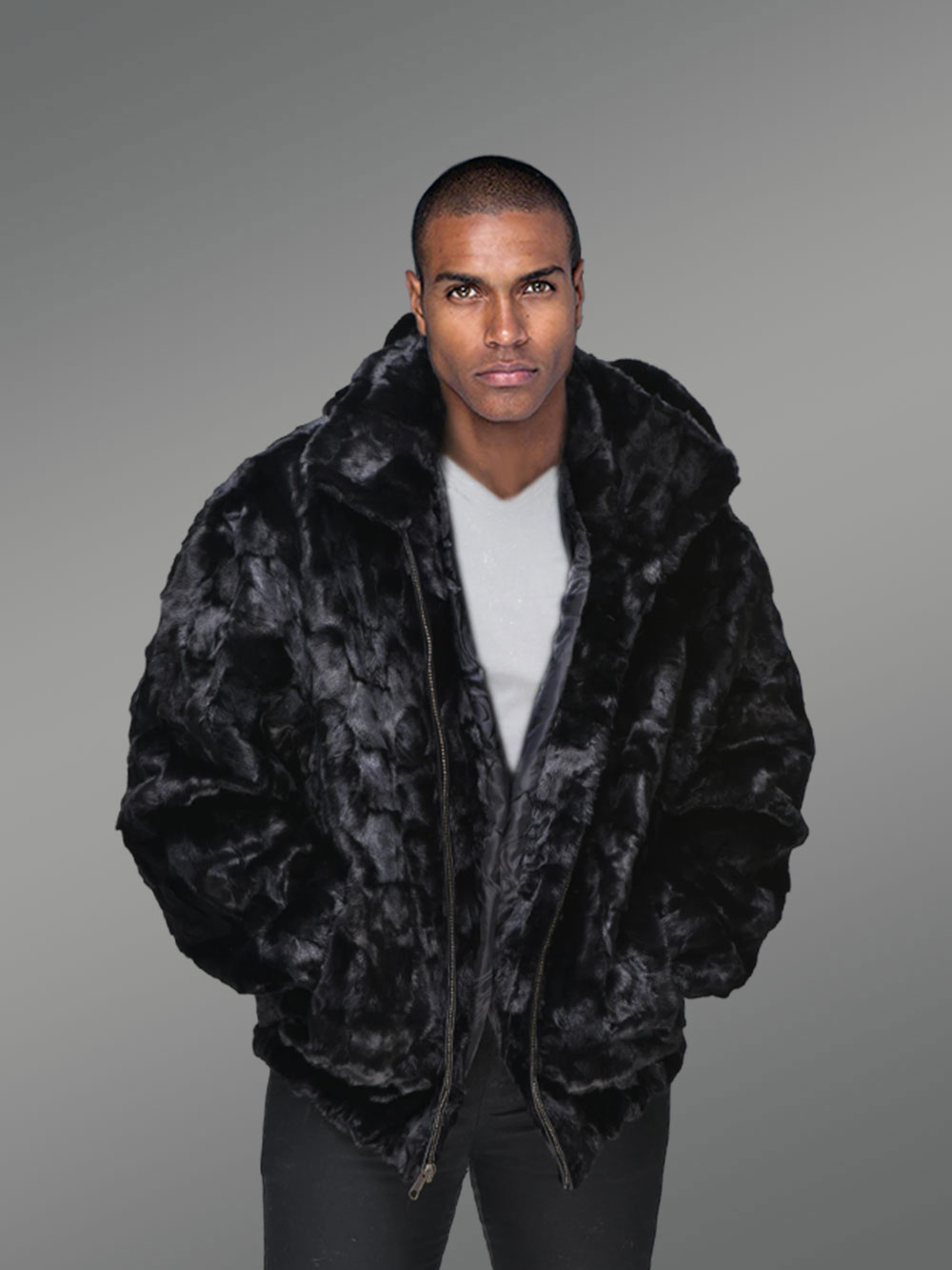 Sheared Diamond Mink Bomber with Hood
