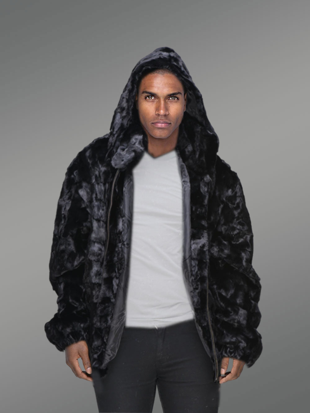 Sheared Diamond Mink Bomber with Hood