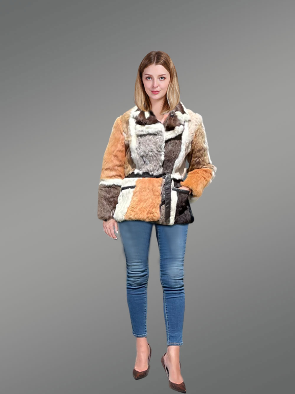 Multicolor Rabbit Fur Coat.