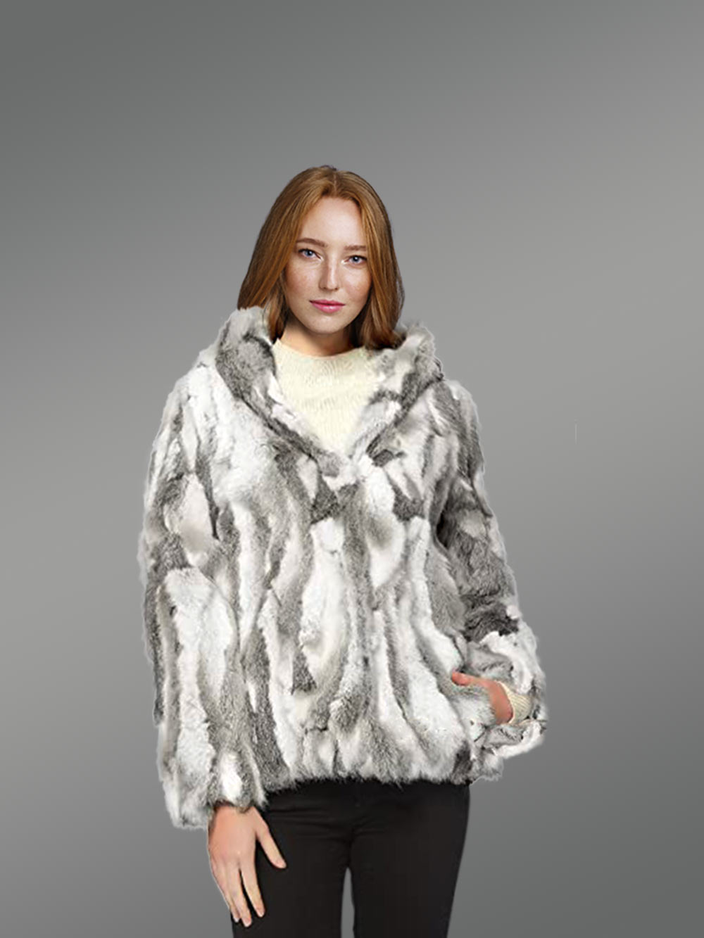 Rabbit Fur Bomber Jacket with Hood