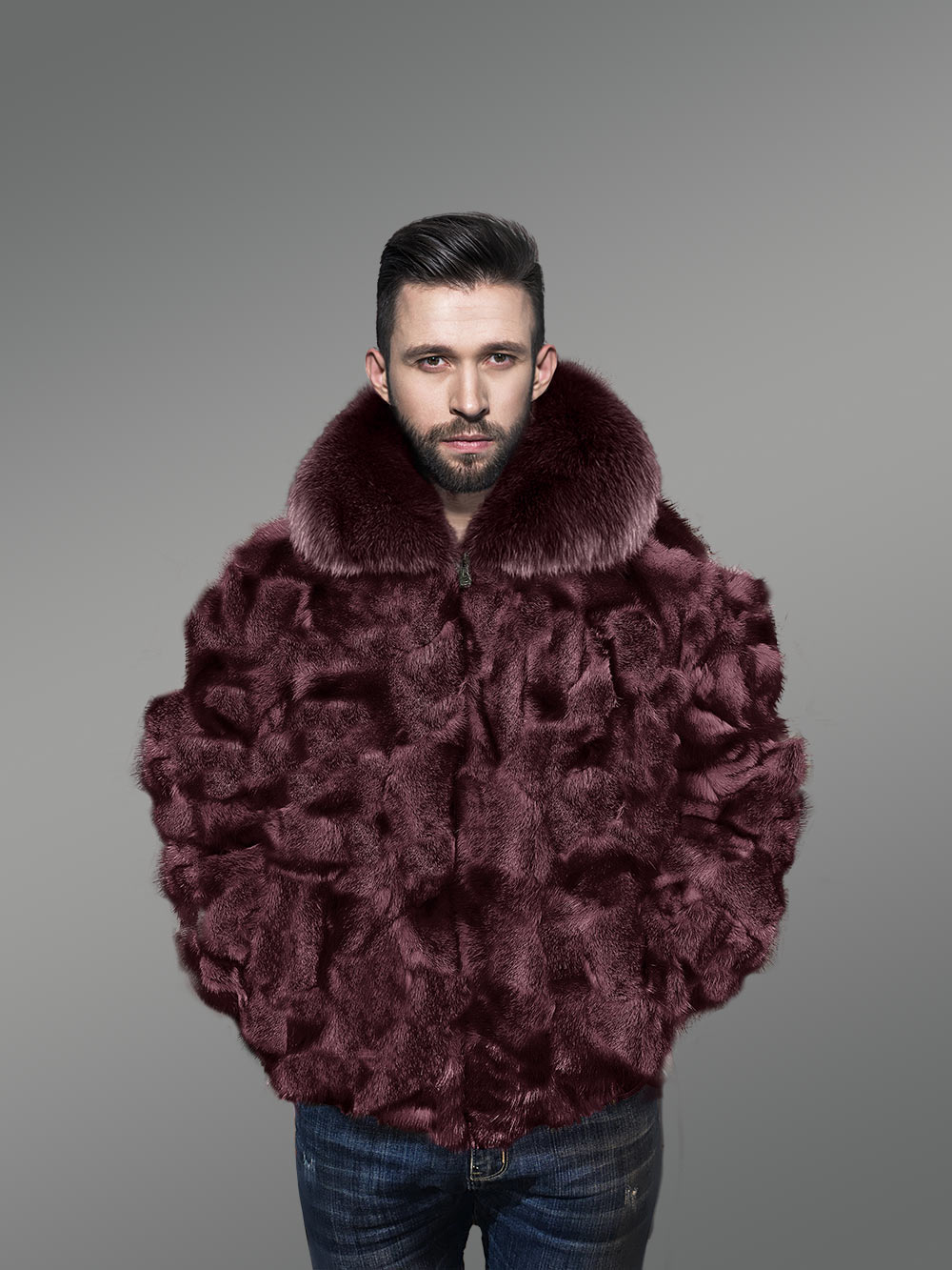 Jacket in Fox Fur for Men in Burgundy