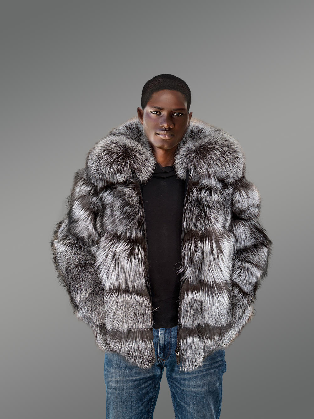 Mens Bomber Fox Fur Jacket