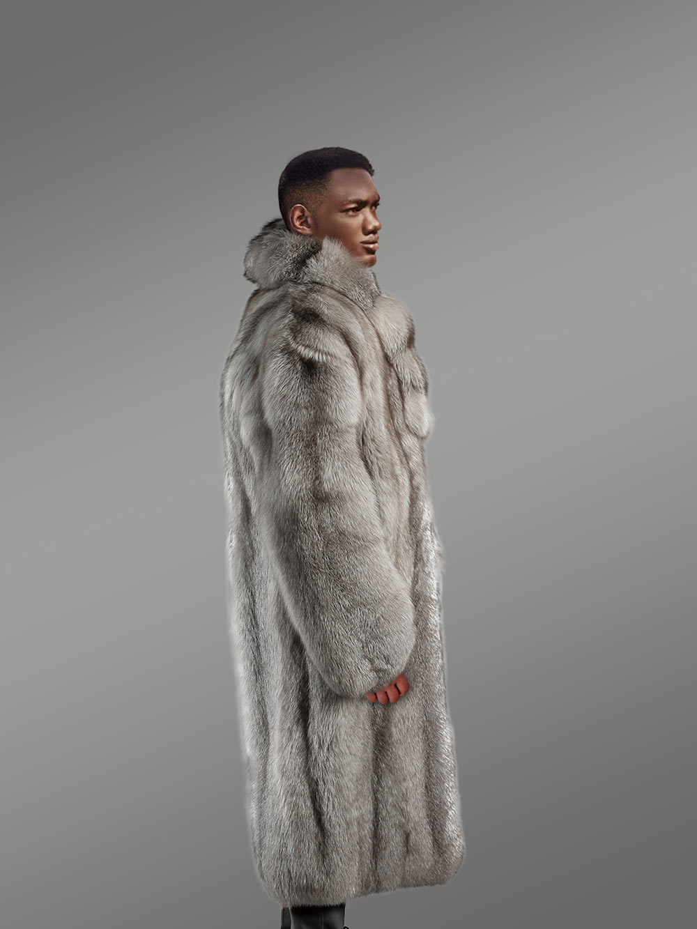 Long Trench Stroller in Blue Fox Fur for Men