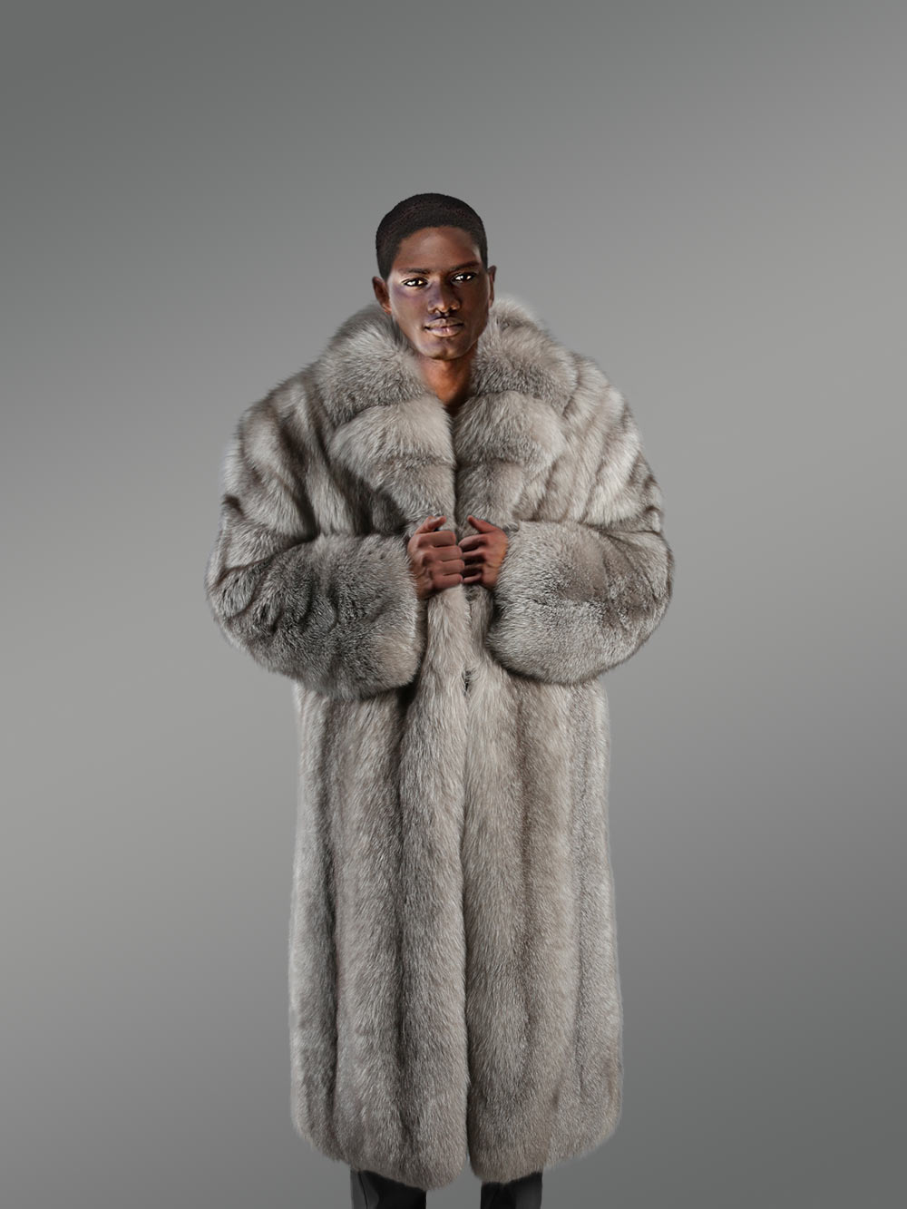 Long Trench Stroller in Blue Fox Fur for Men